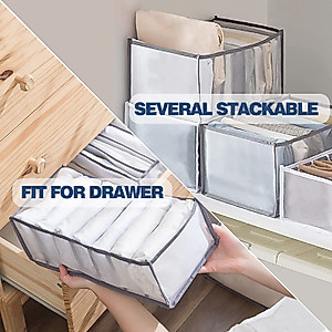 Wardrobe Clothes Organizer, Drawer Organizers for Clothing Jeans Leggings Pants Tshirts Closet Organizers Storage 7 Grid Clothes Storage Organization Stackable Washable Mesh (2pcs Jean/Legging Grey)
