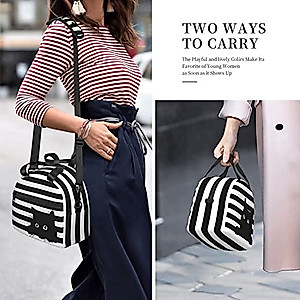 Cute Cat Black And White Striped Background Lunch Bag Funny Animal Kitten Reusable Insulated Lunch Tote Bag Lunchbox Container With Adjustable Shoulder Strap For Office Work School Picnic Travel