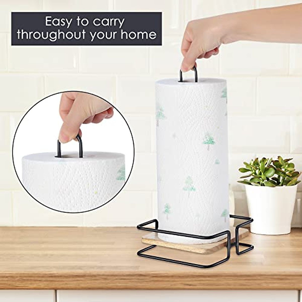 2 Pack Wood Paper Towel Holder, Paper Towel Holder Black Kitchen Roll Holder, for Kitchen Roll Organize, One-Handed Operation Countertop Roll Dispenser