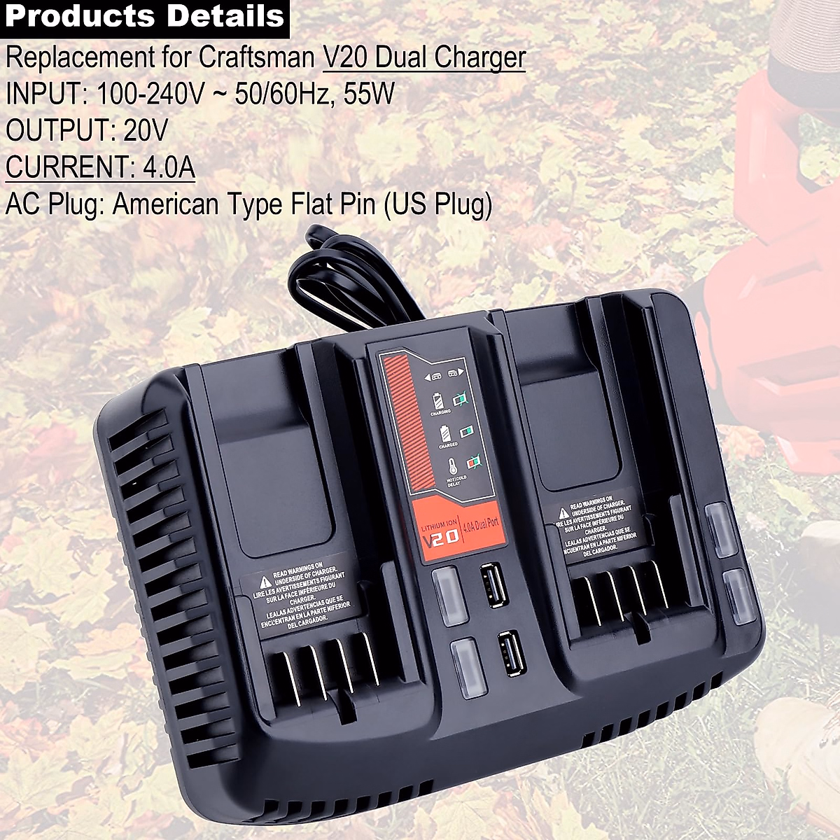 Lasica CMCB124 20V Charger Compatible with Craftsman V20 Series 20 Volt Lithium Batteries, V20 Dual Port, Replacement for Craftsman Battery Charger Station CMCB104 CMCB124
