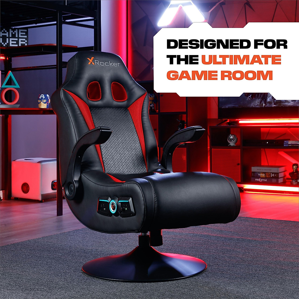 X Rocker Vibe 2.1 Bluetooth Pedestal Gaming Chair, with Wireless Audio, 2 Speakers, Subwoofer, Foldable, Padded Armrest, 5125401, 24" x 42" x 33.2", Black and Red