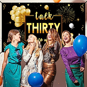 Happy 30th Birthday Banner Decorations for Him &Her - Talk Thirty to Me Backdrop Party Supplies Décor - Black Gold Large Thirty Birthday Poster Sign for Outdoor Indoor
