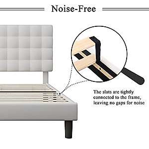 Feonase King Size Bed Frame with Square Stitched Headboard, Faux Leather Upholstered Platform Bed Frame, High-Density Sponge Filled, Solid Wood Slats, No Box Spring Needed, Noise-Free, White