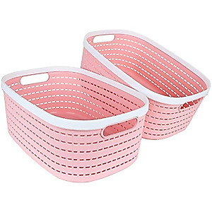 2 Pack Plastic Storage Basket Pink, Large Plastic Woven Basket with Portable Handle, Kitchen Pantry Refrigerator Desktop Storage Boxes for Cabinet Freezer Bathroom Closet, 15” x 10” x 6”