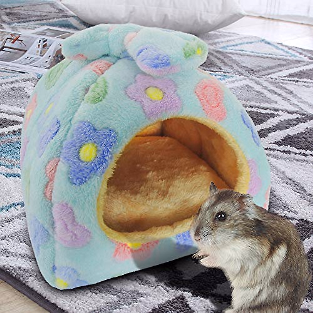 HOMEYA Small Animal Pet Bed, Sleeping House Habitat Nest for Guinea Pig Hamster Hedgehog Rat Chinchilla Hideout Bedding Snuggle Sack Cuddle Cup Cage Accessories with Removable Washable Mat(Blue)