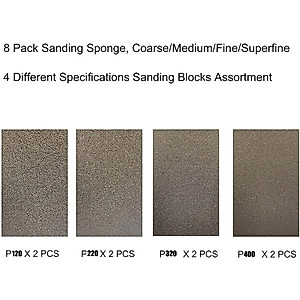 8 PCS Sanding Sponge Assortment, 2 PCS Each of 120 220 320 400 Grit -Coarse Medium Fine Hand Sanding Block Sandpaper Sponge for Metal Wood-Working Home Cleaning Drywall