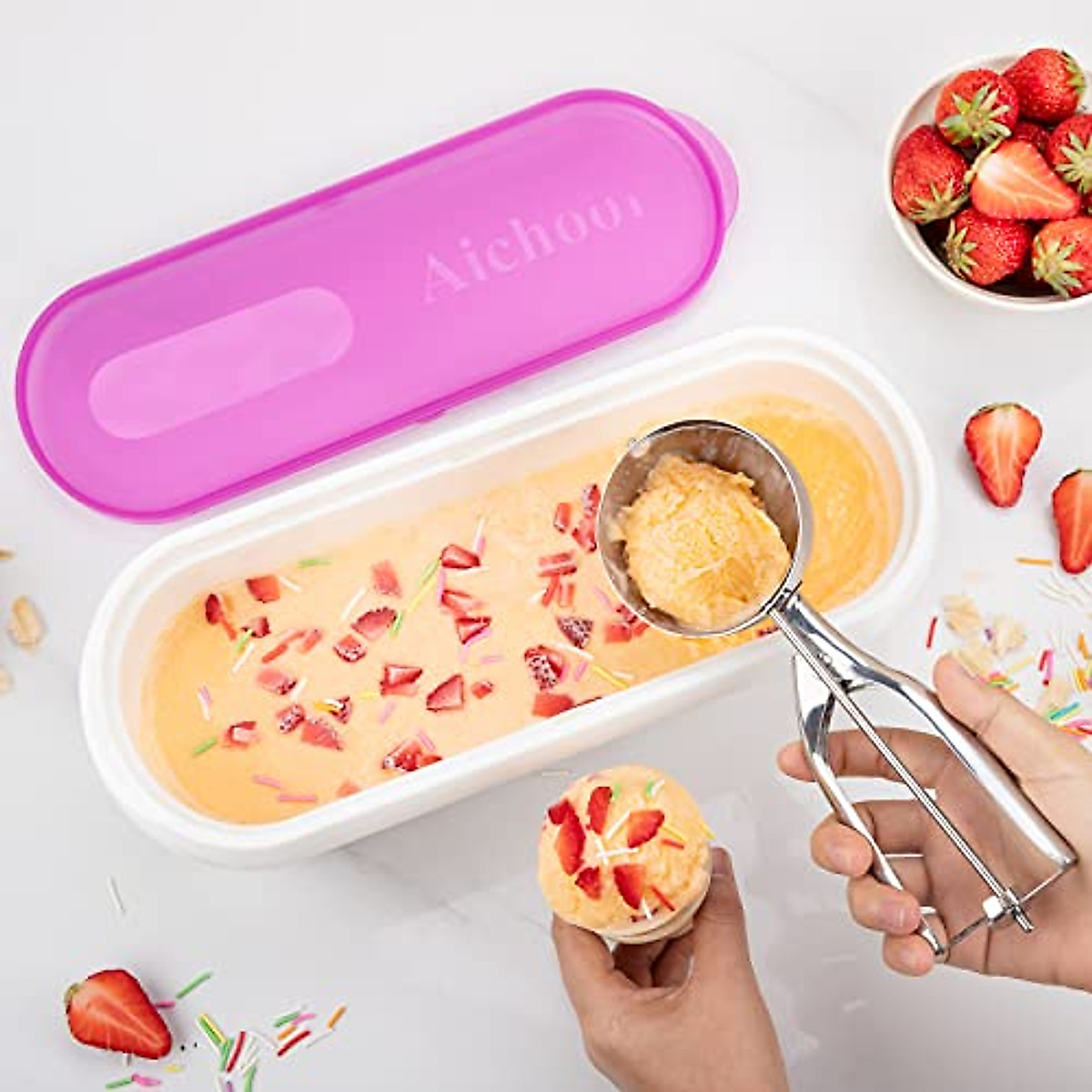 2 Quart Large Ice Cream Container with Lid and Stainless Steel Scoop, Double layer Freezer Storage Container Tub for sorbet and frozen yogurt or gelato, BPA FREE, Dishwasher Safe-Purple Lid
