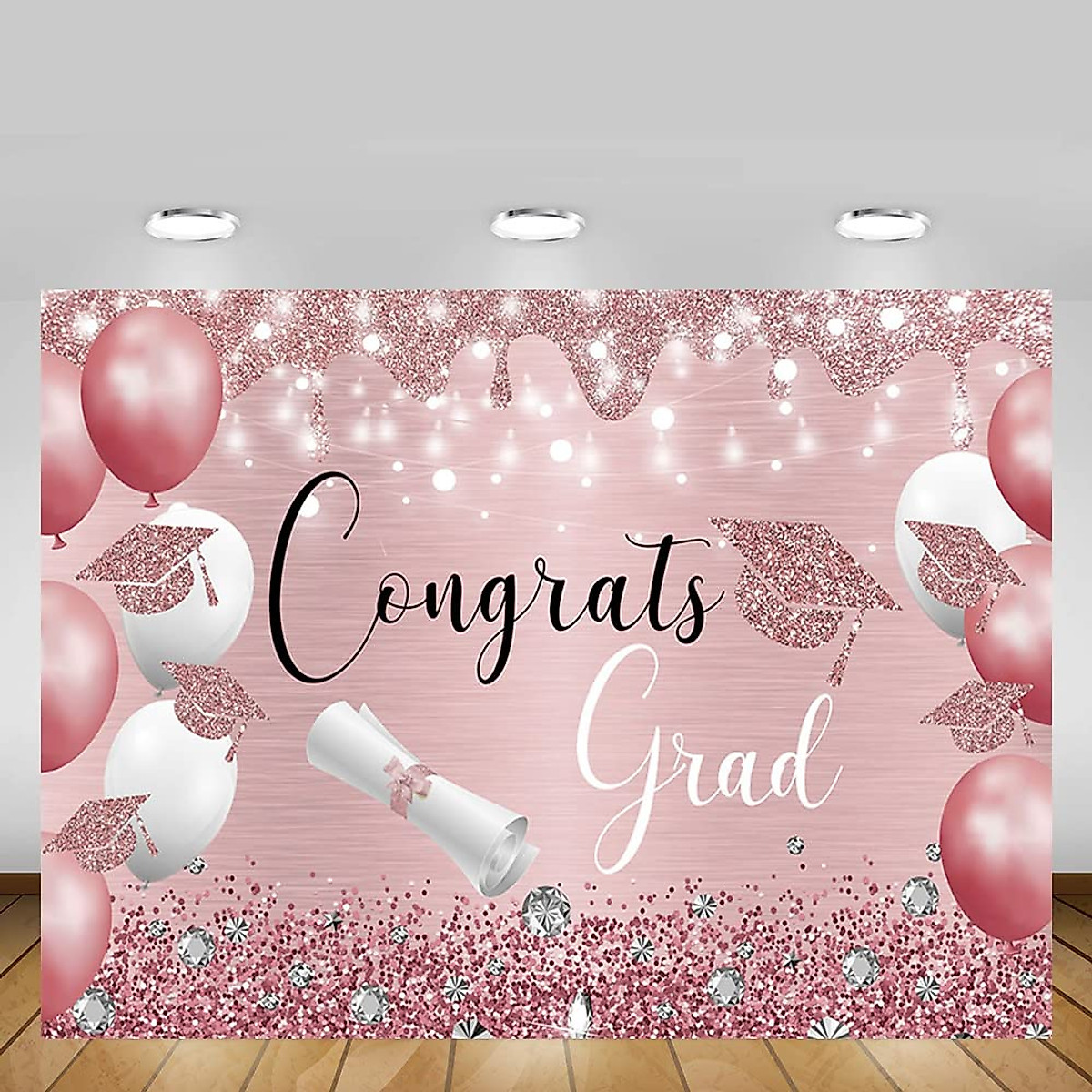 MEHOFOND 7x5ft Rose Gold Congrats Grad Backdrop Graduation Decorations Class of 2024 Ceremony Banner Pink and White Balloons Prom Supplies Photography Studio Props