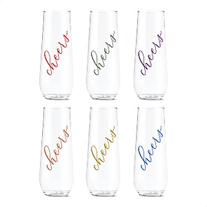 TOSSWARE POP 9oz Flute Classic Cheers Series - Color, SET OF 6, Premium Quality, Recyclable, Unbreakable & Crystal Clear Plastic Printed Champagne Glasses