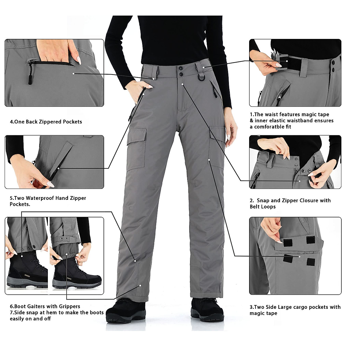 WULFUL Women's Insulated Snow Ski Pants Waterproof Winter Snowboarding Skiing Cargo Pants