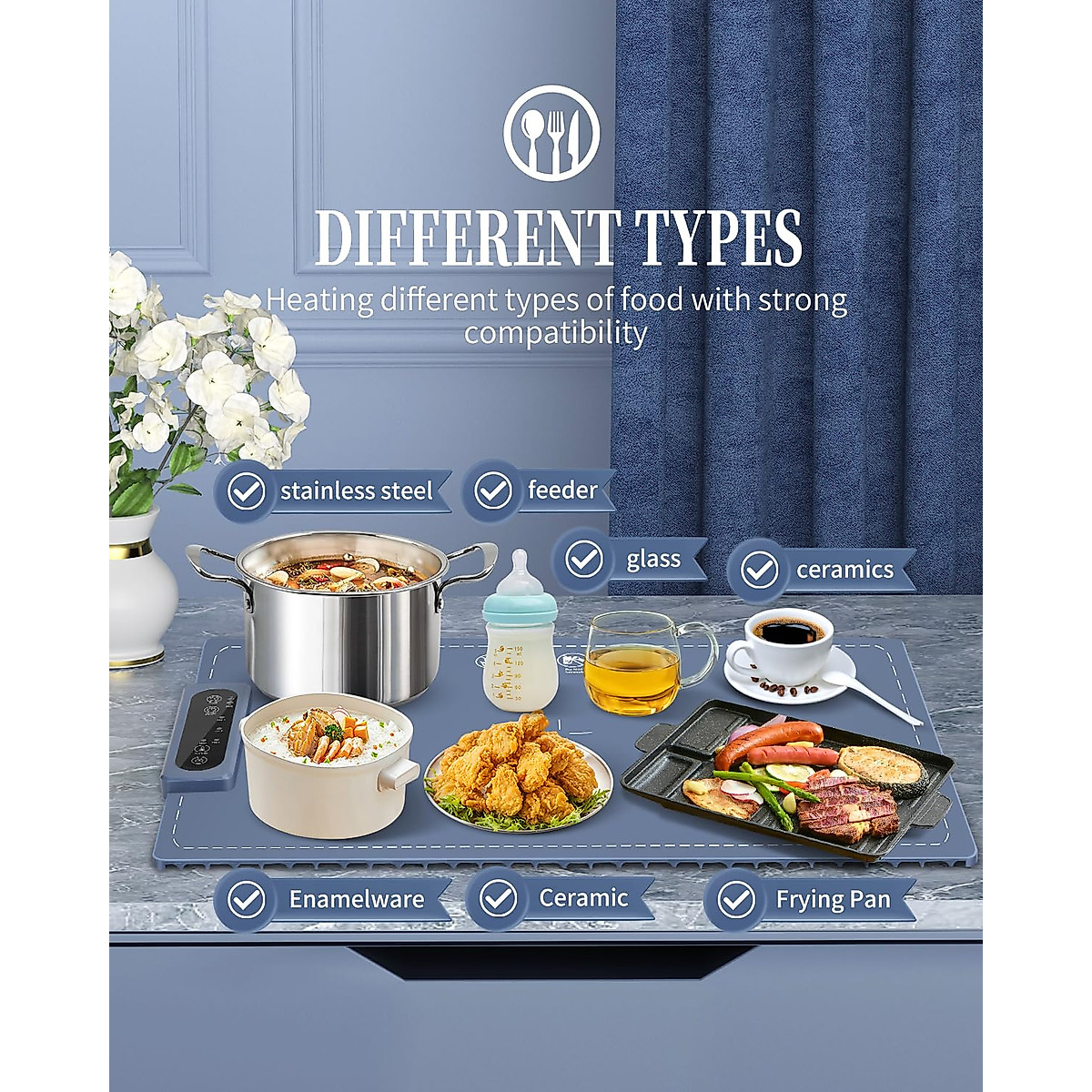 Food Warming Mat, Electric Warming Tray, Portable and Rollable, Premium Silicone Nano-Material, Fast Heating, 3 Temperature Settings & Auto Shut-Off for Buffet, Party, Thawing