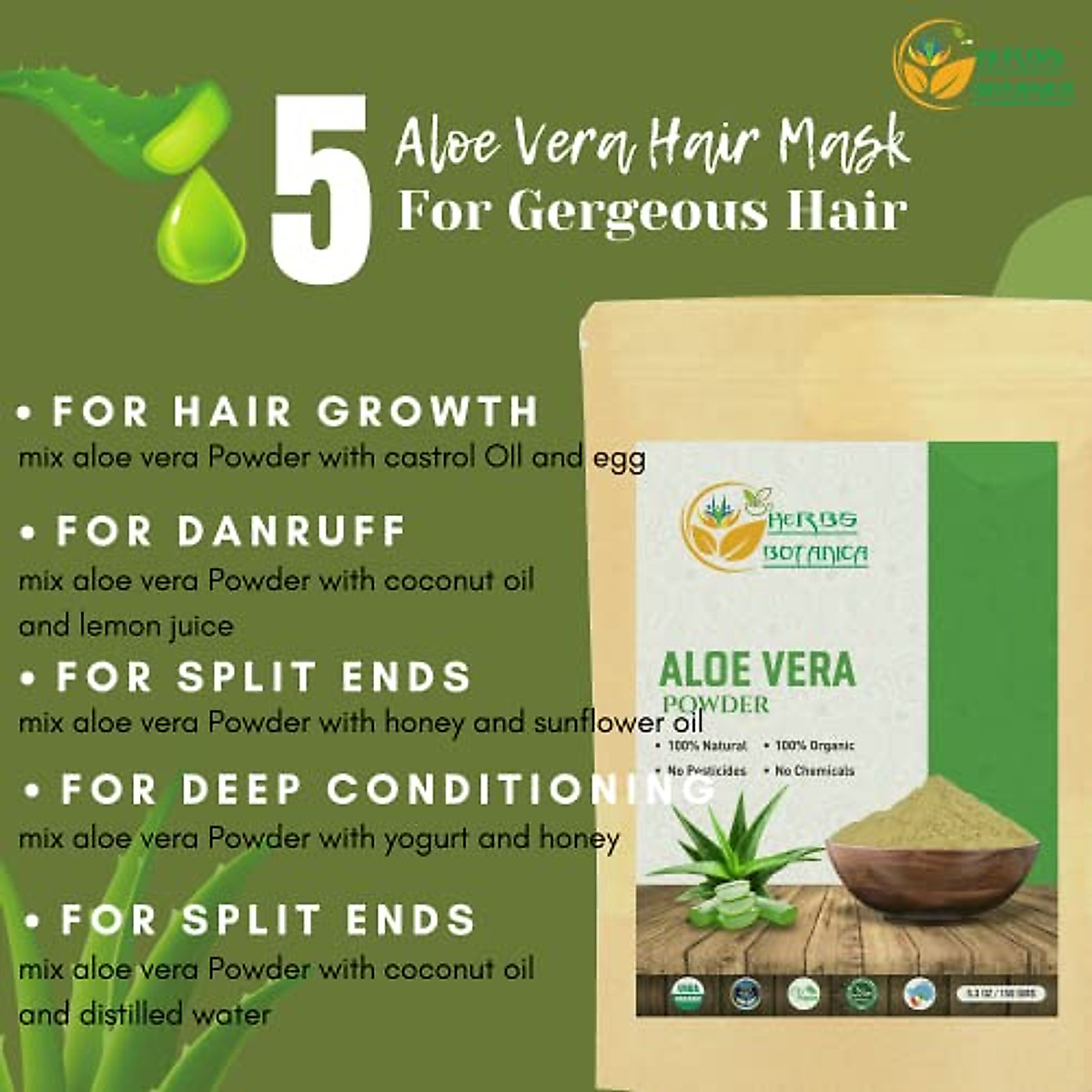 Herbs Botanica Aloe Vera Powder Organic for Hair Growth, Skincare, Haircare Organic, Moisturizing, and Soothing Aloe Barbadensis Vegan NO GMO 5.3oz /150g