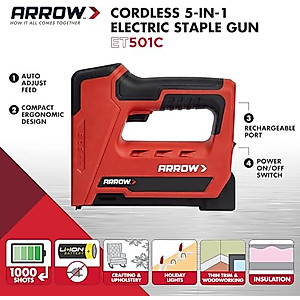 Arrow ET501C Cordless 5-In-1 Professional Staple and Nail Gun, Battery Powered Wire Stapler and Brad Nailer for Upholstery, Framing, Roofing, Crafts, Fencing, Cable, Black/Red
