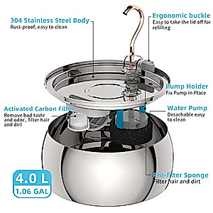 Tomxcute Cat Water Fountain, 4.0L/135oz Automatic Stainless Steel Pet Fountain Dog Water Dispenser, Ultra-Quiet Pump and 3 Replacement Filters & for Cats, Dogs, Multiple Pets…