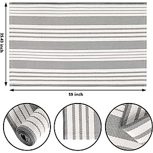 Grey and White Outdoor Rug 3'x 5' Front Porch Rug Cotton Hand-Woven Striped Rug Machine Washable Indoor/Outdoor Area Rug Front Door Floor Mat for Farmhouse/Layered Door Mats/Living Room/Entryway