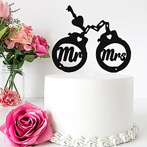 LHUBA Police Handcuffs Mr & Mrs Wedding Cake Topper Bride & Groom Wedding Engagement Cake Decoration Funny Wedding Party Decor Black Glitter