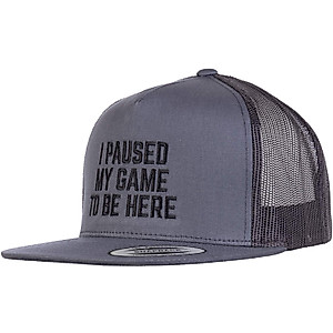 Ann Arbor T-shirt Co. I Paused My Game to Be Here | Funny Video Gamer Humor Joke for Men Women Hat Cap-(Trucker, 2 Tone) Grey/Black
