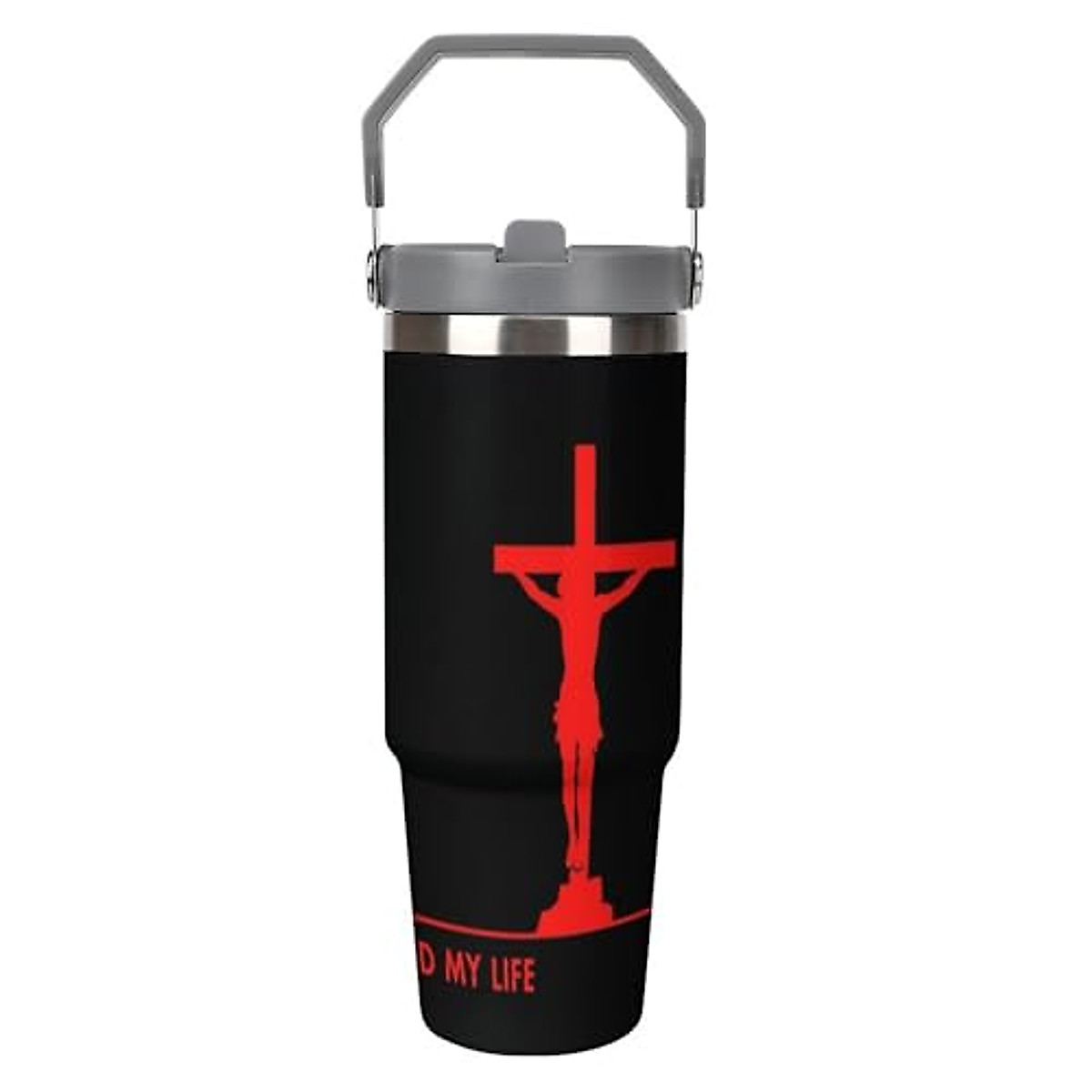 Jesus Saved My Life Crucifix Heartbeat 30 OZ Insulated Tumblers with Handle And Straw Leakproof Vacuum Insulated Stainless Steel Water Bottle for Car Fishing Travel