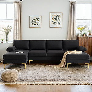 VINGLI 110" Modern U Shaped Sectional Couch with 51"D Double Chaise for Living Room, Black Deep Seat Sectional Sofa Sets with 5.9" Thickness Seating Padding for Home Furniture,Linen Fabric,Metal Legs