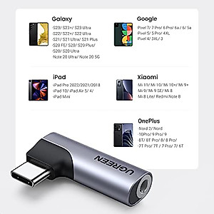 UGREEN USB C to 3.5mm Audio Adapter Type C Aux Headphone Jack DAC Stereo Mic HiFi Right Angle Earphone Dongle Compatible with iPad Pro Air 5 4 Mini 6, Galaxy S23 Ultra S22 S21 S20, Pixel 7 Pro, Gray