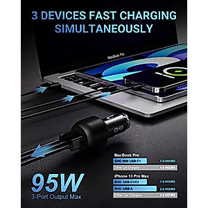 USB C Car Charger for Samsung Galaxy S22/S22 Ultra/S22+, EHO 95W PD3.0 PPS 45W 25W Super Fast Charging Dual USB C Car Charger QC3.0 30W Cigarette Lighter Adapter for Laptops, Tablets, iPhone, MacBook