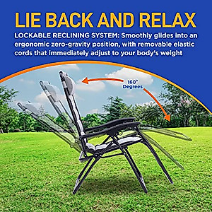 SereneLife, Gray and Black Foldable Outdoor Zero Gravity Padded Lawn Chair, Adjustable Steel Mesh Recliners, w/Removable Pillows and Cup Holder Side Tables, One Size
