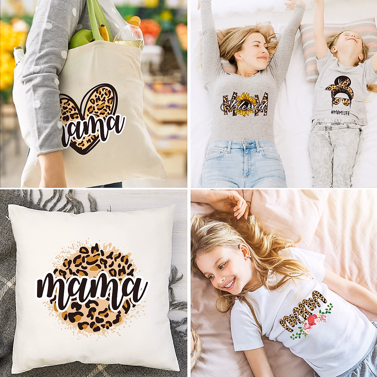 Whaline 6 Sheet Mama Iron On Transfers Patches Leopard Patterns Heat Transfer Iron Patches Leopard Momlife Heat Transfer Stickers for Clothing Fabric DIY Craft Costume Decor