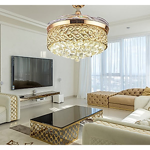 FANRYO 42"LED Crystal Invisible Ceiling Fan with Lights and Remote , Adjustable Tri-color Lighting Tri-Wind Speed Silent Motor Indoor Chandelier Lighting Fandelier for Livingroom Bedroom (42''-gold)