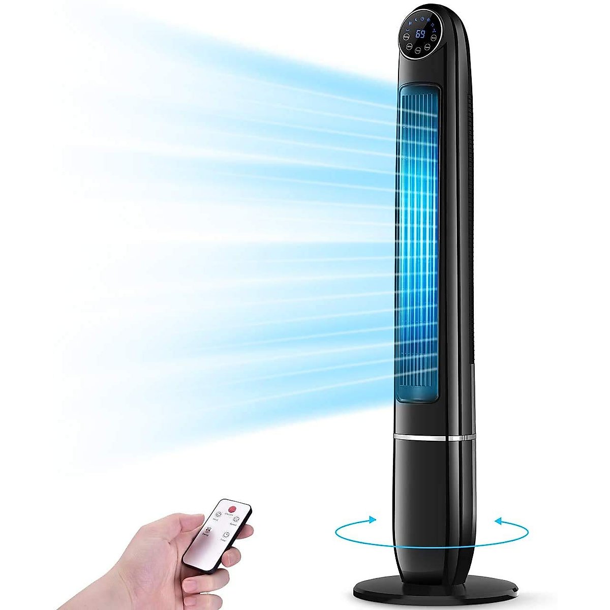 Air Choice Evaporative Cooler with Remote, 48" Bladeless Cooling Tower Fan with 3 Speed & 3 Modes, Quiet High Velocity Tower Fan Air Conditioner with LED screen, Tail Fan with 12 Hours Timer