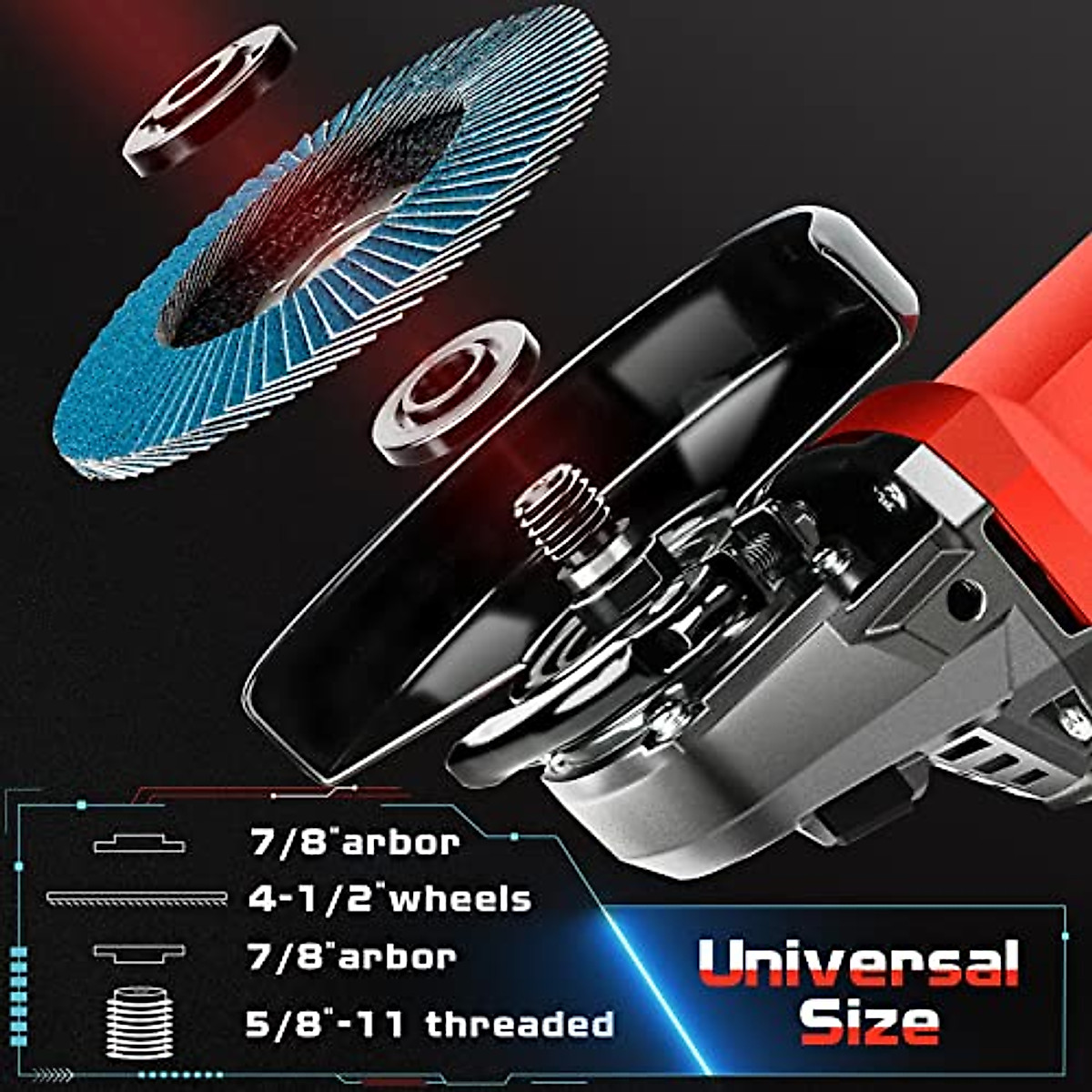 SHALL Angle Grinder Tool 7.5Amp 4-1/2 Inch Grinders Power Tools, Electric Metal Grinder 12000 RPM with 2 Safety Guards, 3 Cutting Wheels, 3 Flap Discs, Non-Slip Handle and Carbon Brush for Metal, Wood