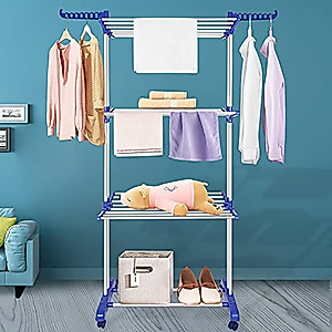 innotic Clothes Drying Rack, Stainless Steel Oversized 4-Tier Collapsible Rolling Drying Rack Clothing Folding Laundry Drying Rack Stand Indoor/Outdoor with Side Wings and Casters Gray Blue