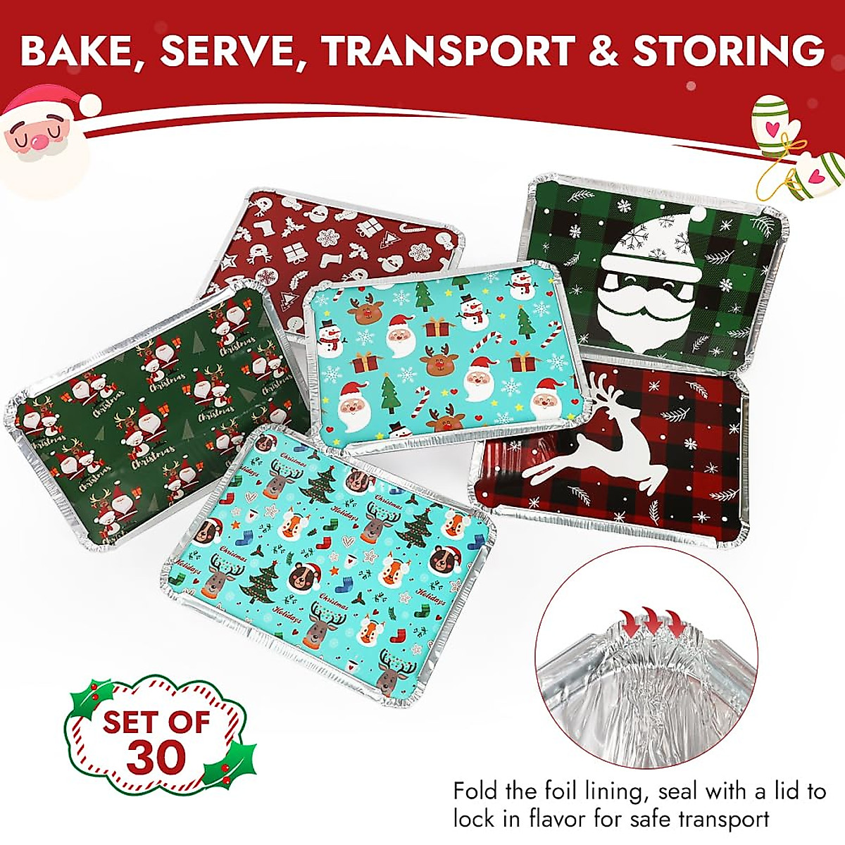 BYKITCHEN Christmas Foil Food Containers with Lids for Gifts, Set of 30, Christmas Cookie Treat Leftover Containers, Christmas Tins Christmas to Go Containers for Holiday Gift Giving(8.4x6.1in)