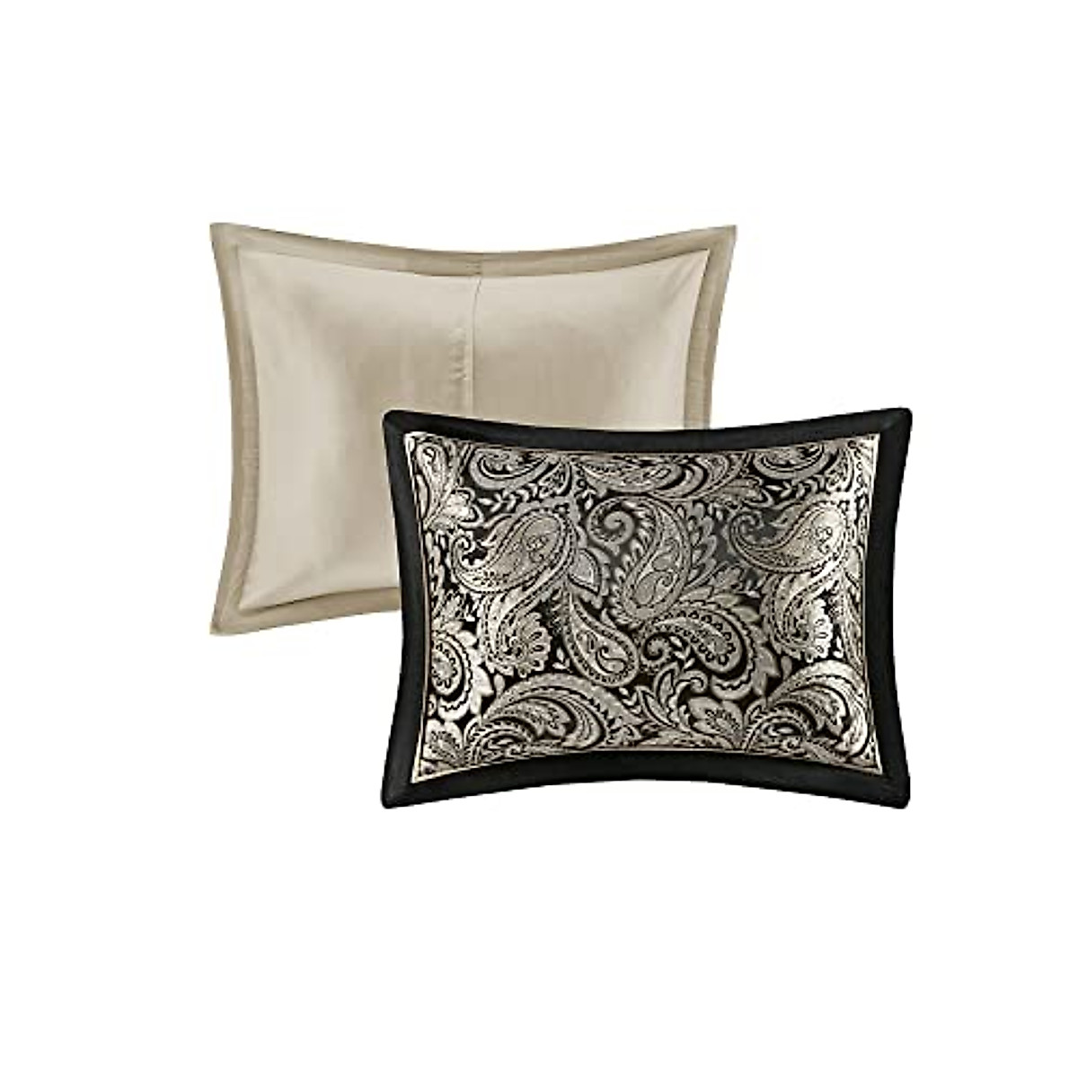 Madison Park Comforter Set, Faux Silk Jacquard Paisley Design - All Season Down Alternative Bedding with Bedskirt, Decorative Pillow, Queen(90 in x 90 in), Black 7 Piece