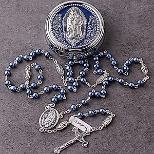HanlinCC 6mm Glass Pearl Beads Catholic Our Lady of Guadalupe Rosary Necklace for Women and Men with Metal Gift Box (Guadalupe Rosary Blue, Zinc Alloy)
