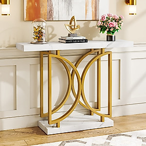 Tribesigns Gold Console Table, 39 Inch Entry Sofa Table with Double D-Shaped Metal Base, Contemporary Accent Table with Faux Marble Veneer for Entryway, Hallway, Entrance, Living Room
