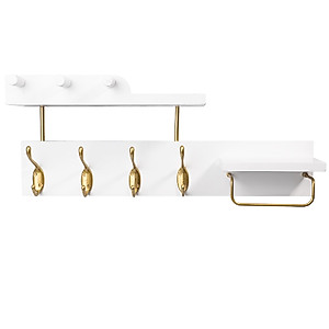 Lampaggio Coat Rack Wall Mount with Shelf, 4 in 1 Wood Coat Hooks with Key and Mail Holder, 17 Inch Entryway Hanging Shelf with Sunglasses Holder and 4 Metal Hooks for Clothes Hats Bag, White and Gold