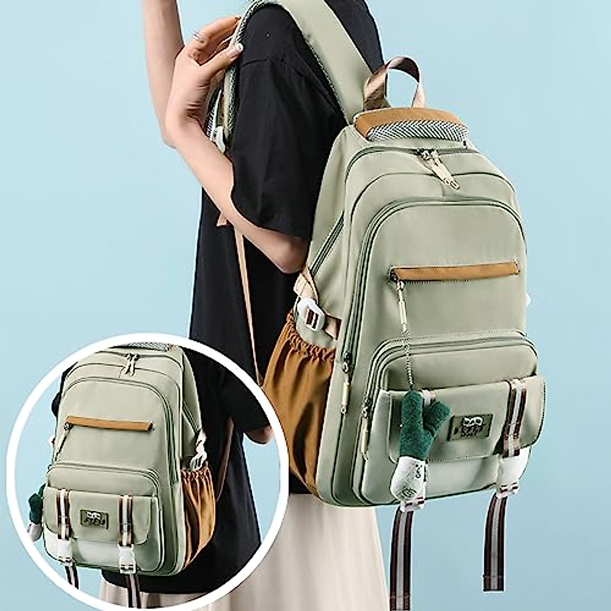 srdmuph Kawaii Backpack with Cute Accessories Pendant Travel Bag Large Outdoor Waterproof Casual Daypack Women Men (Green)
