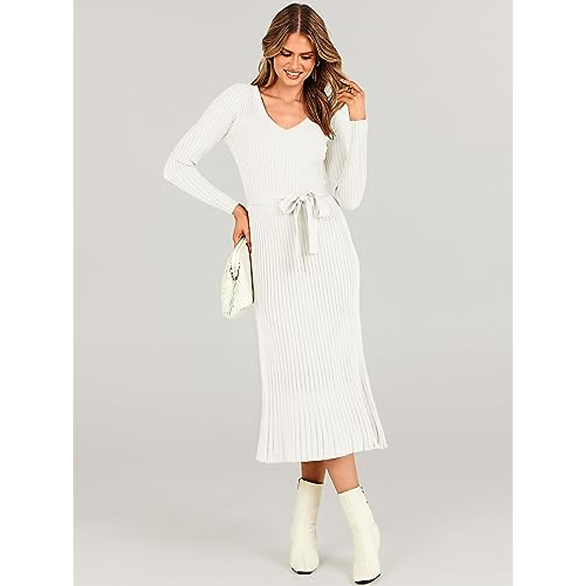 ANRABESS Sweater Dresses for Women 2023 Fall Long Sleeve Ribbed Knit V Neck Tight Tie Waist Cute Comfy Holiday Warm Winter Midi Bodycon Dress with Belt 994mibai-M White