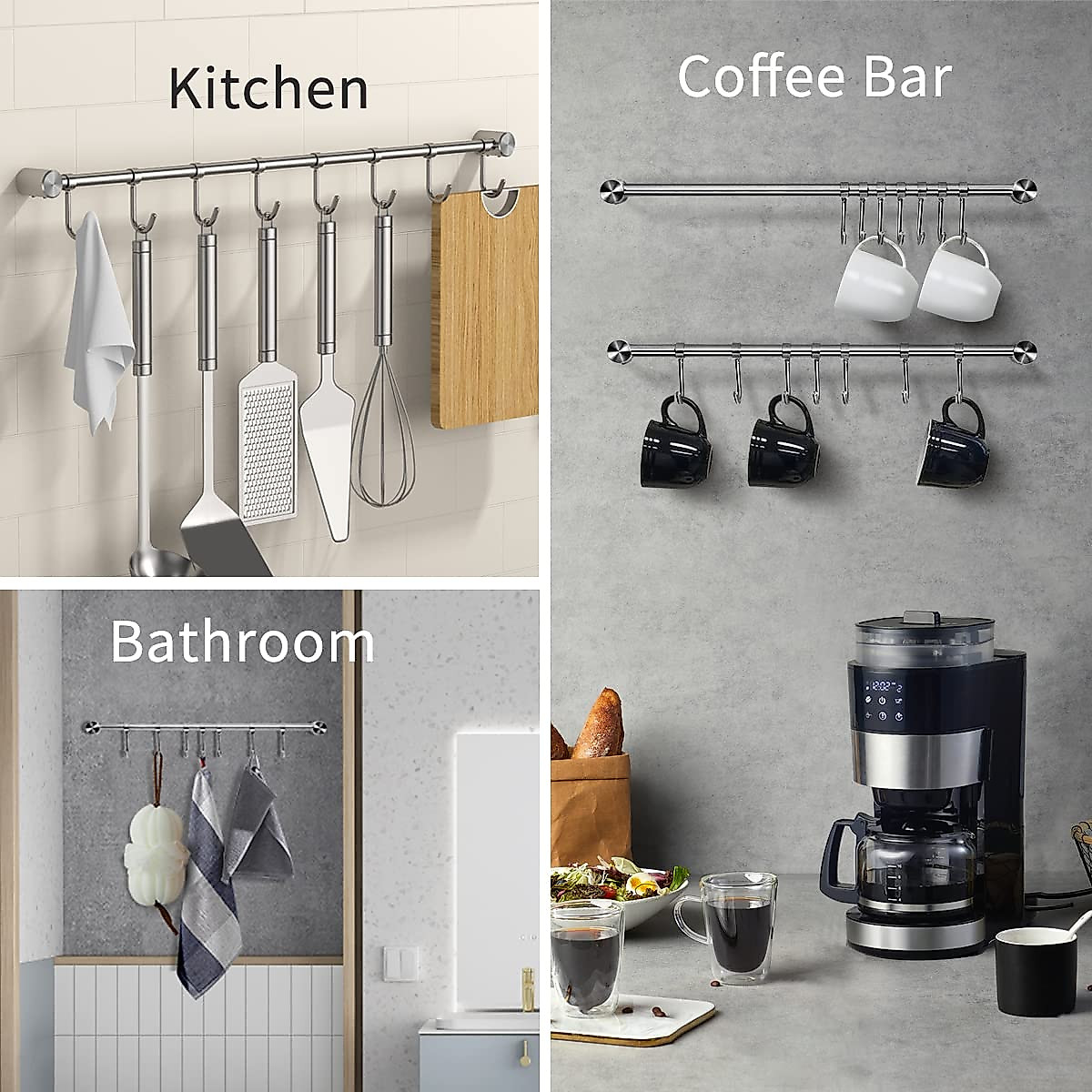 Kitchen Utensil Rack 2 Pack, Audmore 15.6 Inch Pots and Pans Hanging Rack Wall Mounted, 304 Stainless Steel Lid Cooking Utensil Hanger, 7 Sliding Hooks for Spatula Spoon, Measuring Cups, Coffee Mug
