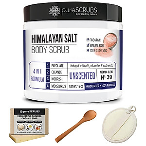 pureSCRUBS Premium Pink Himalayan Salt Body Scrub Set - Large 16oz UNSCENTED SCRUB, Organic Essential Oils & Nutrients INCLUDES Wooden Stirring Spoon, Loofah & Mini Exfoliating Bar Soap