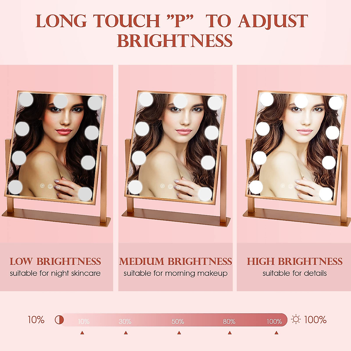 BWLLNI Makeup Mirror with Lights, Hollywood Mirror Lighted Vanity Mirror with 9 LED Bulbs, Touch Control Design 3 Colors Dimmable Bulbs Detachable 10X Magnification 360°Rotation(Rose Pink)