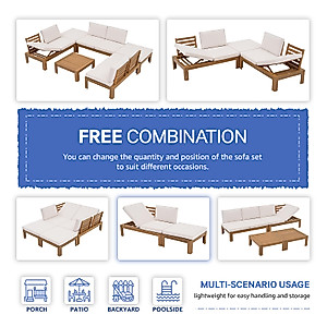 SUNSITT 4 Piece Acacia Wood Patio Furniture Outdoor Sectional Sofa Set with Adjustable Armrest, FSC Certified L-Shaped Patio Set w/2-in-1 Coffee Table, Cream White Cushions for Garden