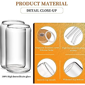 DWTS DANWEITESI Glass Cups with Lids and Straws 4pcs Set 16oz Iced Coffee Cups,Glass Coffee Cups with Lids and Straw,Beer Can Glass with Lids and Straw