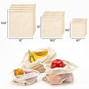 Reusable Produce Bags Grocery Washable - Set of 12 Cotton Mesh Produce Bags for Veggie Fruit Vegetable Storage, 3 Sizes (4L, 4M, 4S)