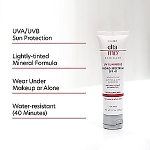 EltaMD UV Luminous Tinted SPF 41 Tinted Mineral Face Sunscreen, Oil Free, Nongreasy Broad Spectrum Lotion, 1.7 oz
