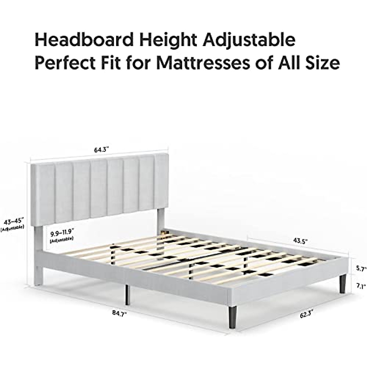 BONSOIR Queen Size Bed Frame Modern Vertical Panel Upholstered Low Profile Platform with Tufted Headboard/No Box Spring Needed/No Bed Skirt Needed/Linen Fabric Upholstery/Light Grey (Queen Size)