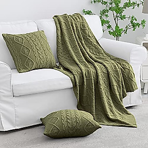 Milvowoc Olive Green Throw Blanket and Pillow Covers Set, 50" x 60" Cable Knit Throw Blanket + 2 Pieces 18" x 18" Knitted Throw Pillowscase, Decorative Throw Blankets Knitted Blanket for Sofa Couch