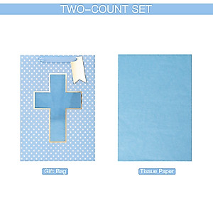 Loveinside Blue Gift Bag with Cross Design, Tissue Paper for Baby Boy Baptisms, Christenings, First Communions Religious Occasion- 10" x 5" x 13", 1 Pcs