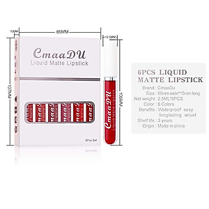 evpct CmaaDu 6Pcs Lipstick Matte Liquid Lipstick Lipgloss Set for Women labiales mate 24 horas originales matte larga duracion Red 24 Hour Lipstick