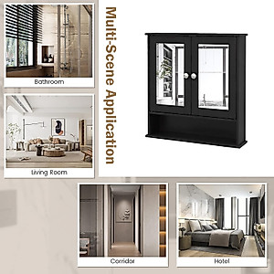 COSTWAY Bathroom Cabinet Wall Mounted - Over The Toilet Wall Storage Cabinet with 2 Mirror Doors and Adjustable Shelf, Hanging Medicine Cabinet for Bathroom, Living Room, Kitchen (Black)